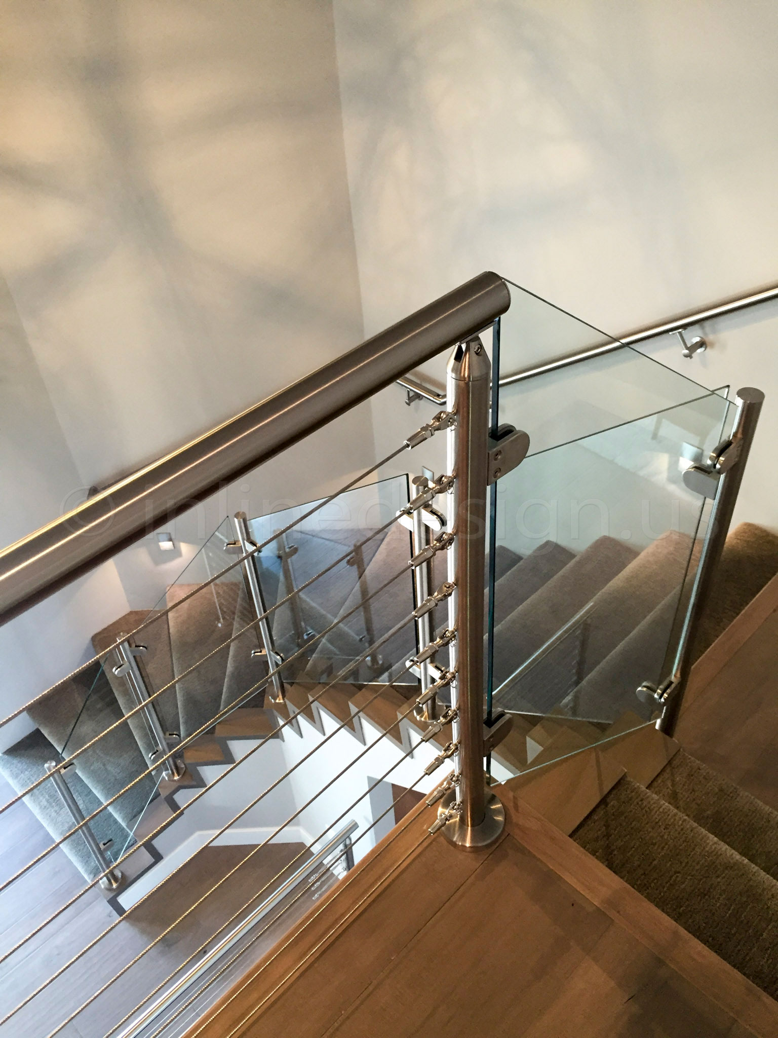 Hybrid cable and glass railing system with Blended Stairs – Inline Design